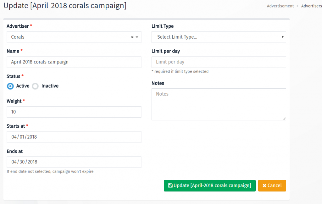 Laravel Advertisement Manager as zones, campaigns, advertisers, and ...