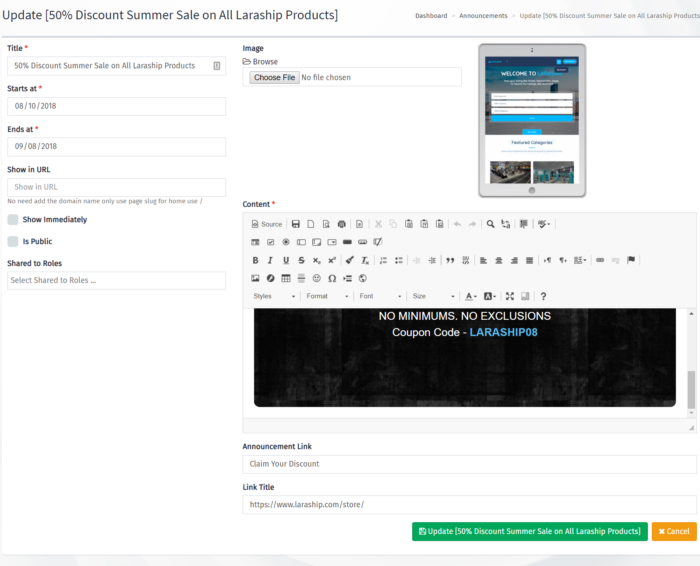 Announcement Module | Laraship